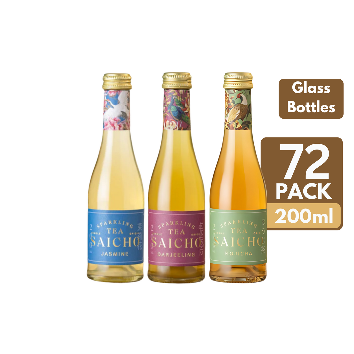 Saicho Sparkling Tea Glass Bottle (24 x 200ml) Assortment Bundle | 3 C ...